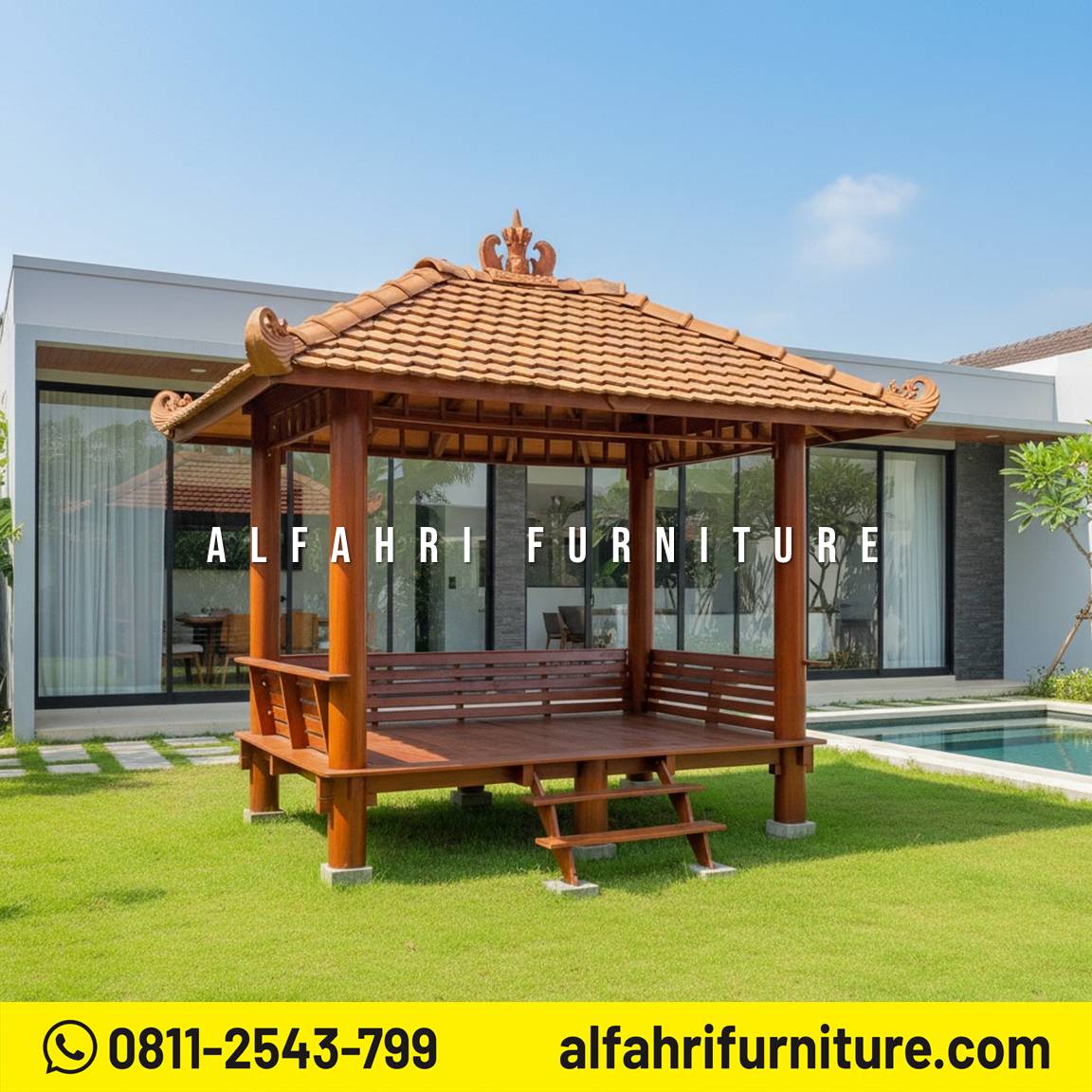 Gazebo Kayu Tropis Gaya Villa Modern 2x3 Atap Genteng Sirap