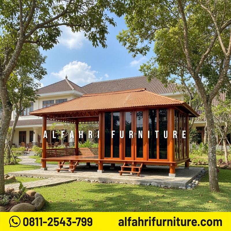 Gazebo Rumah Kayu 3x6 Model Tropis Untuk Area Outdoor